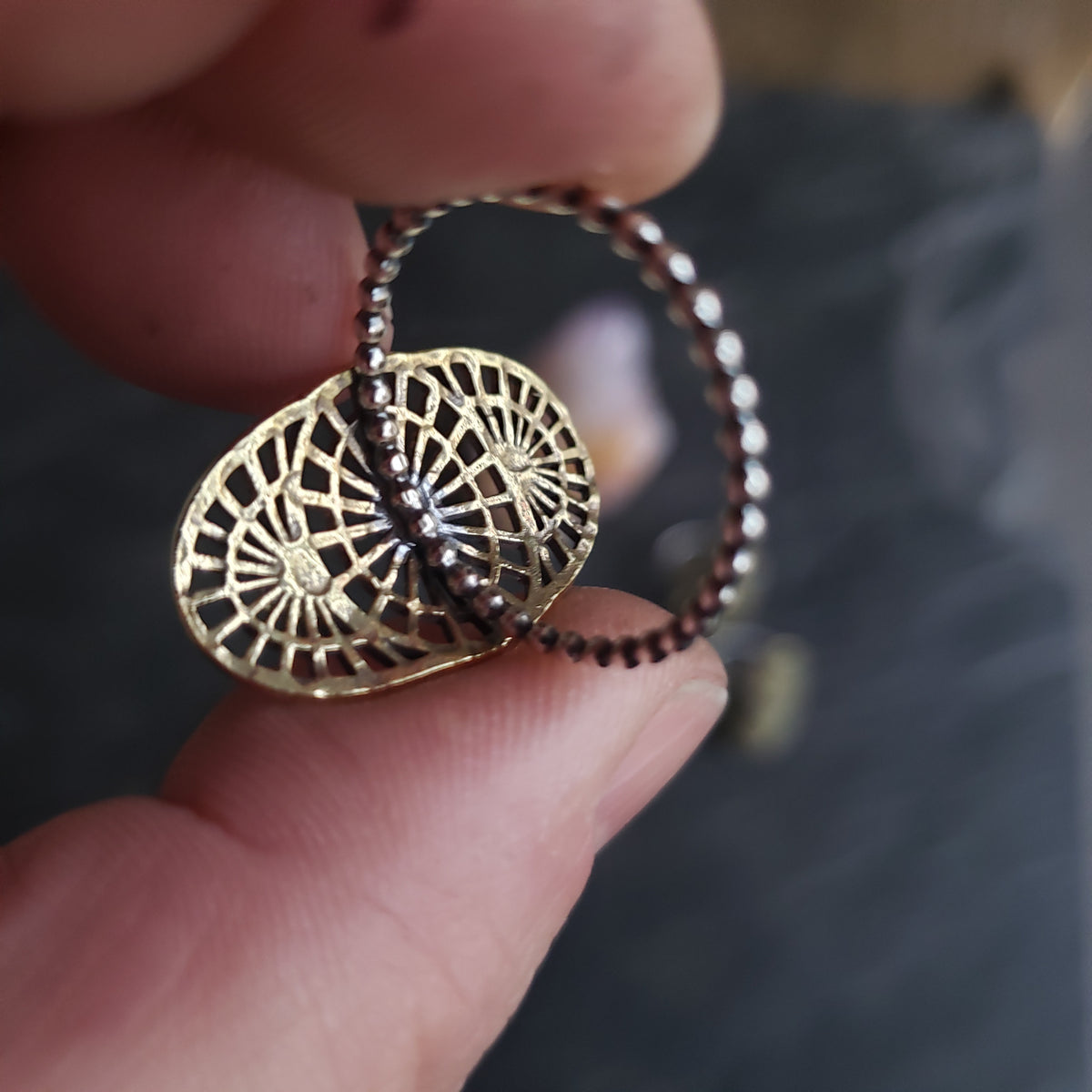 Brass Lacy Spiderweb Shield Ring with Sterling Silver Band – Verdilune